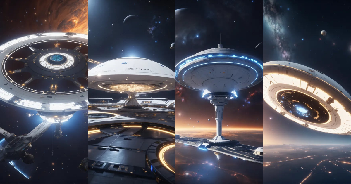 Lexica - Beautiful white disc shaped spaceport hub flying floating in ...