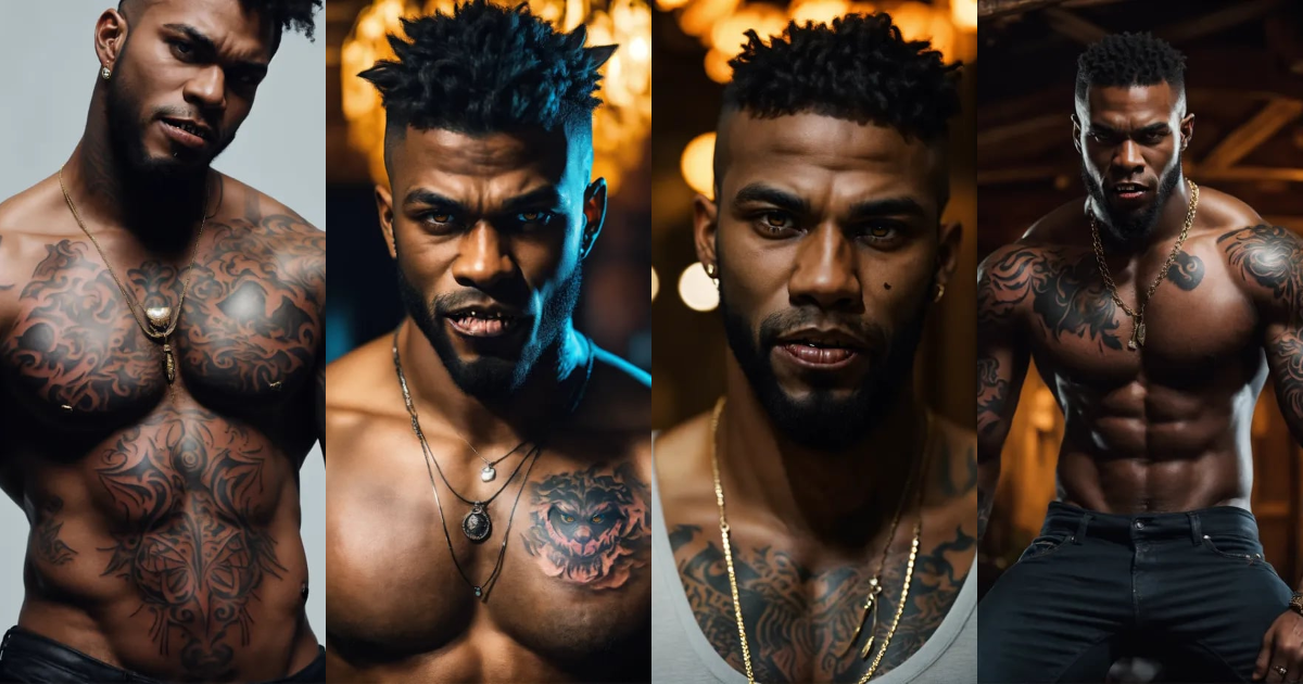 Lexica - Very Handsome, Black man, werewolf eyes, sharp teeth, tattoos ...