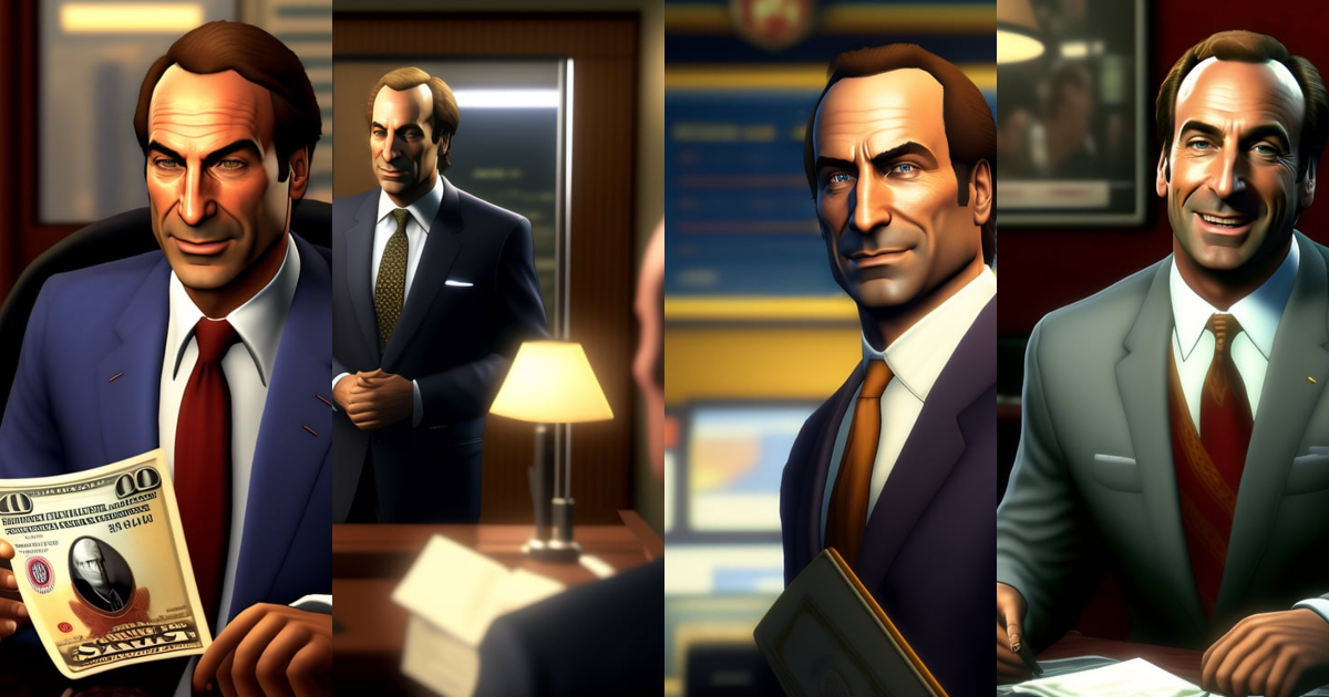 Lexica - Saul Goodman talking to the camera with money in office ...