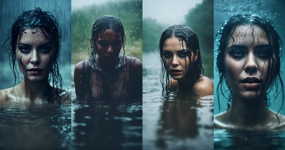 Lexica - Scary monster non human woman head in water. Fog. Rain.