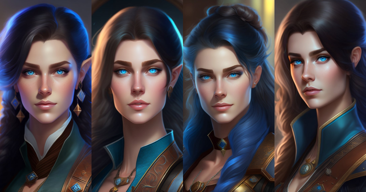 Lexica - White female half-elf black and ashen hair, blue eyes ...