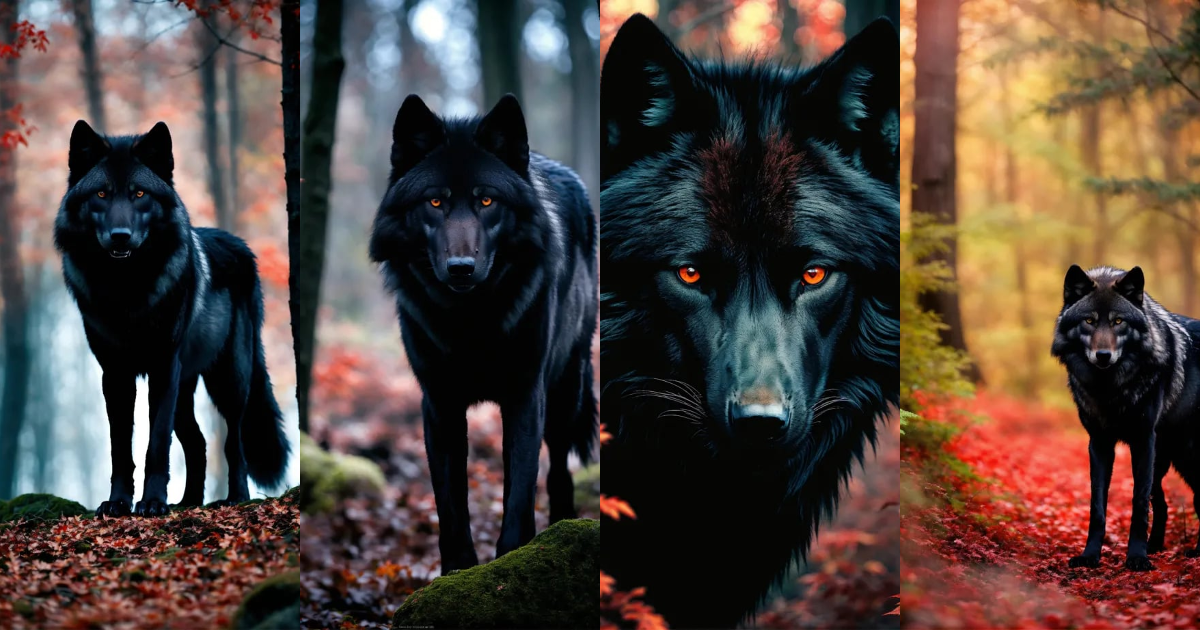 Lexica - Massive, black fur, wolf, in the woods, red eyes