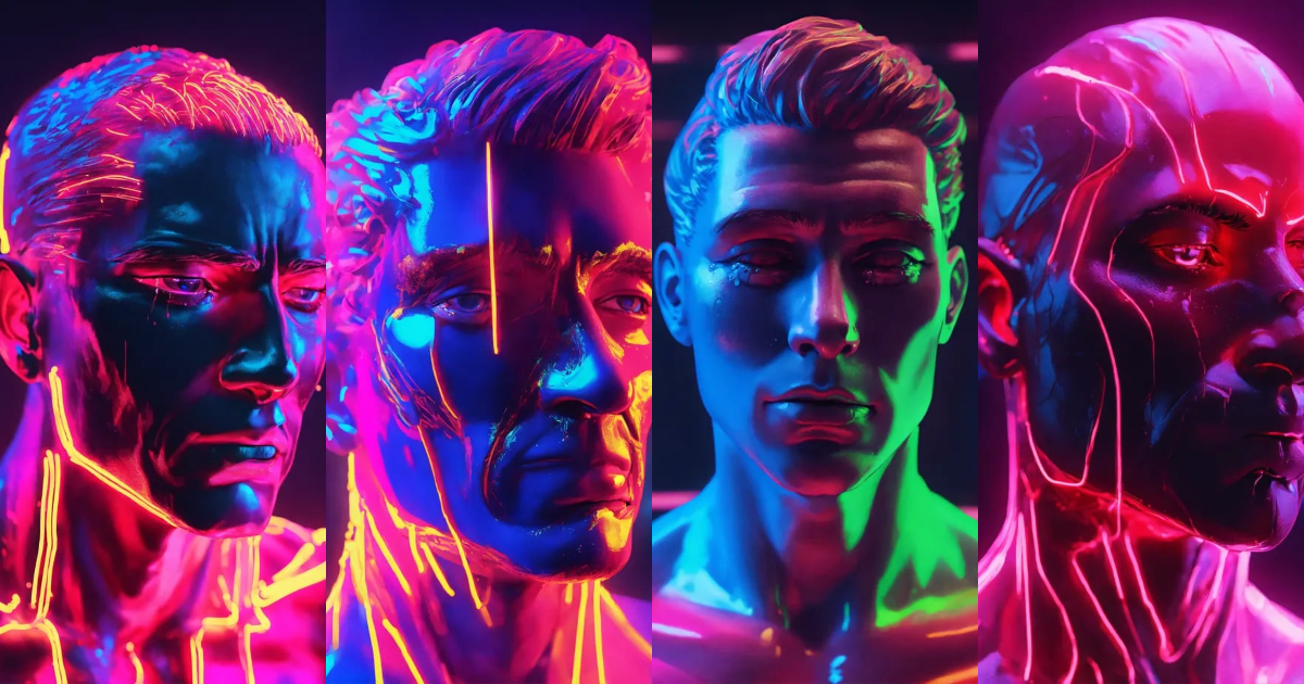 Lexica - Bust of a man's head and shoulders, neon color glow, crying ...