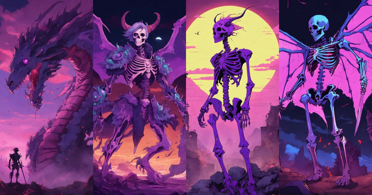 Lexica - 80s style anime decaying skeleton zombie dragon purple aura ...