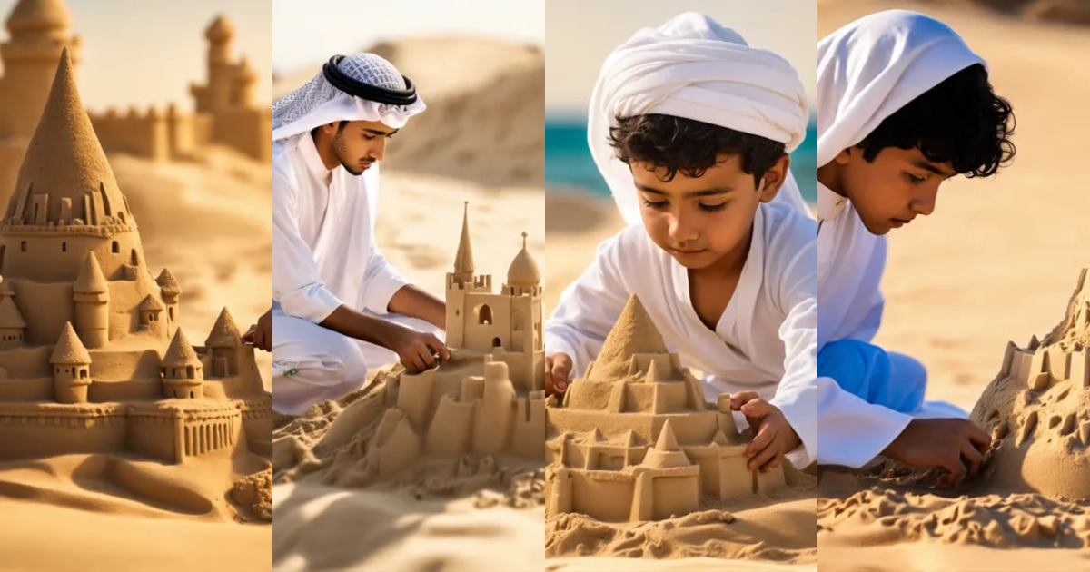 Lexica - Saudi boy sculpting sand castle, close up, beach, white ...