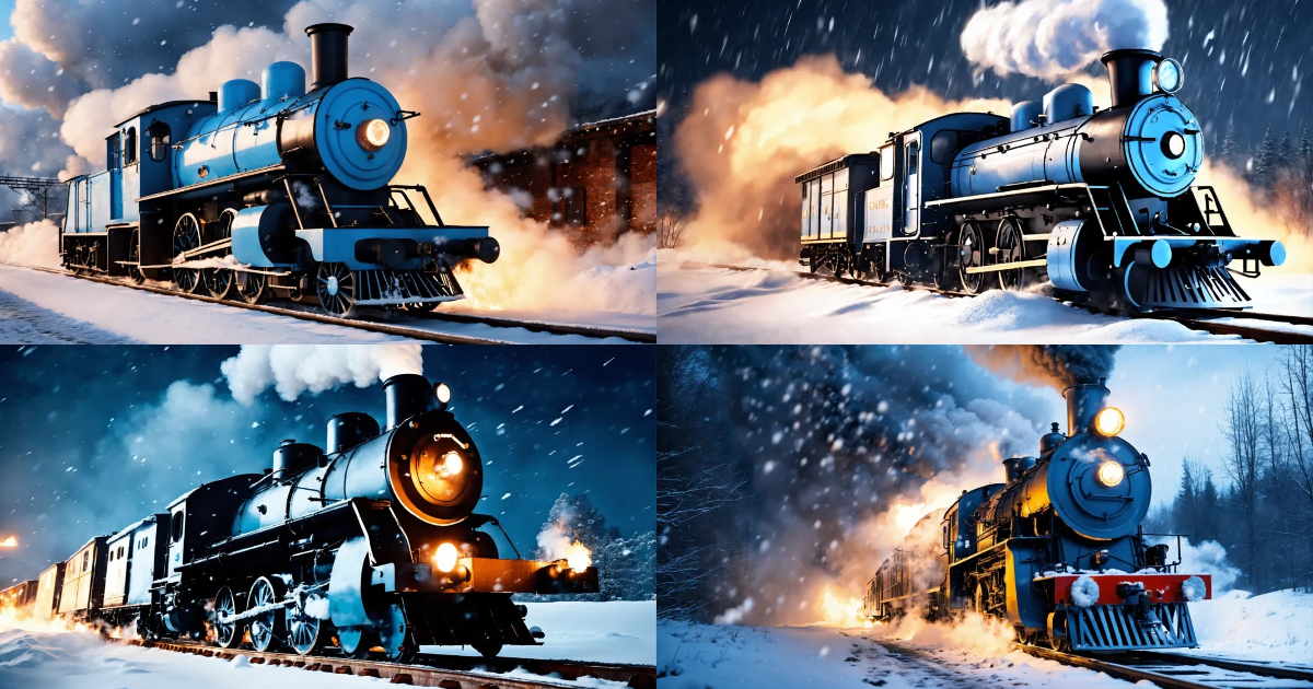 Lexica - Cartoonish An old baby blue railway engine rushing through a ...