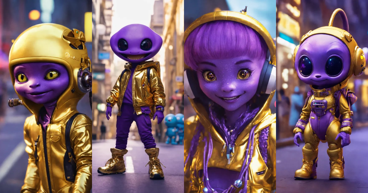 Lexica - Cute humanoid funny alien, smile, purple skin, golden outfit ...