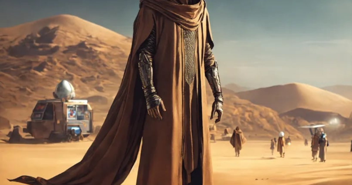 Lexica - Very slim and tall male alien creature merchant on a desert un ...