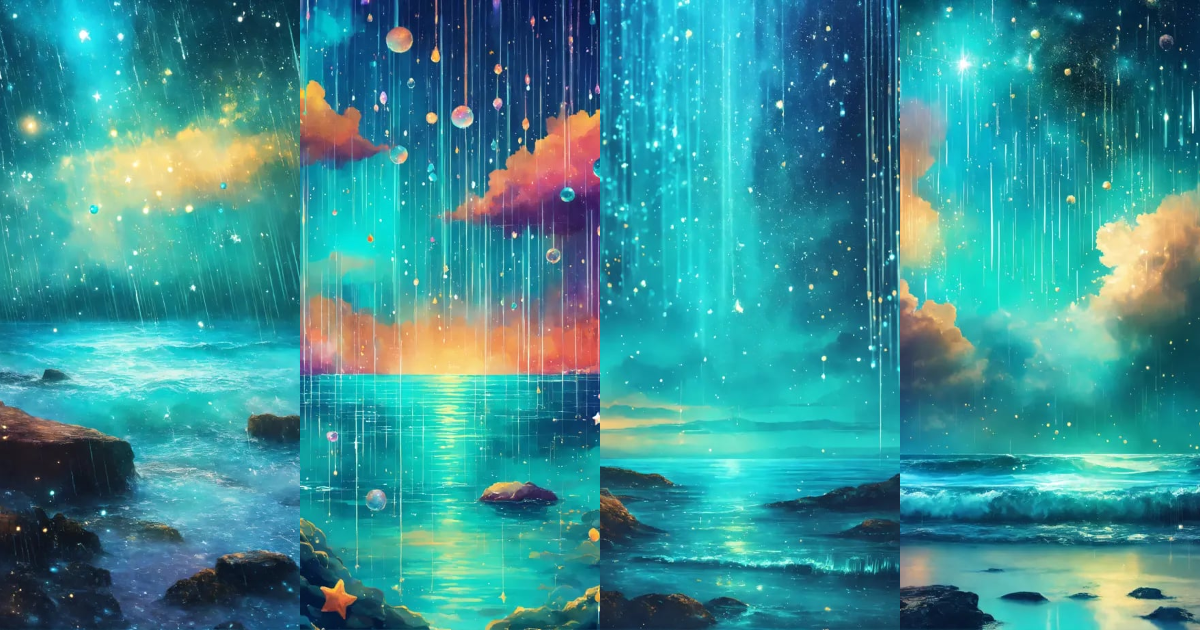 Lexica - Abstract magical rain, universe , stars, turqoise color near ocean