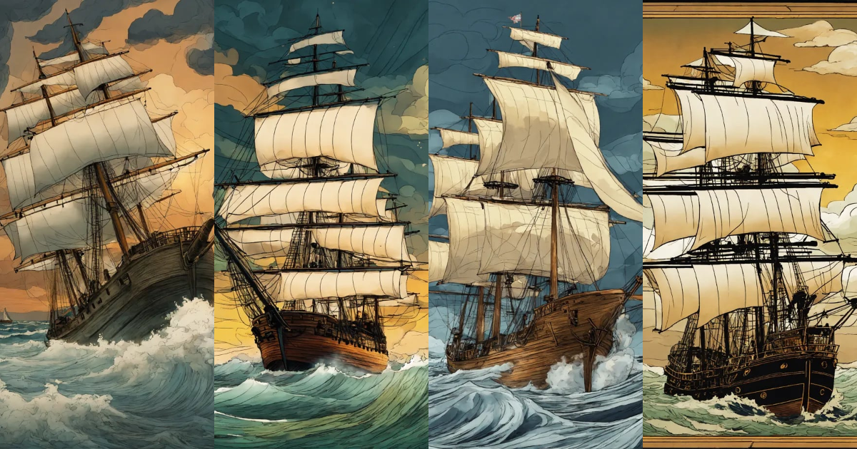 Lexica - Comic drawing of sailing ship with three masts in stormy sea.