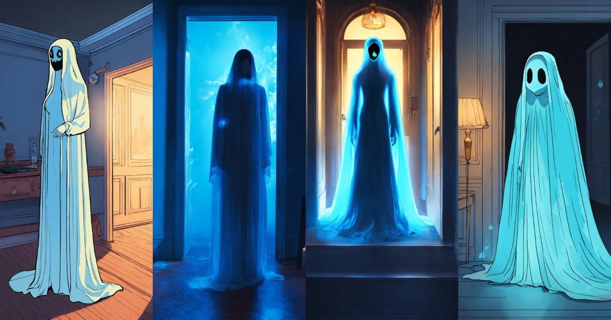 Lexica - Female ghost glowing blue light standing front of fourth wall