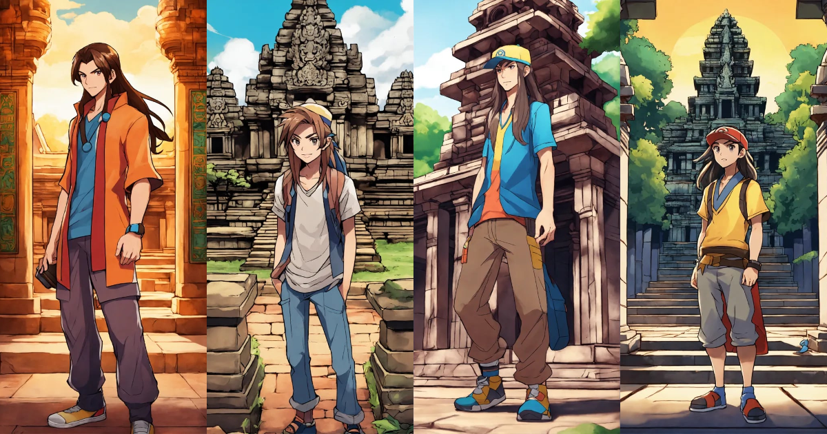 Lexica - A Pokemon trainer guy with long hair in Angkor Temple, manga ...