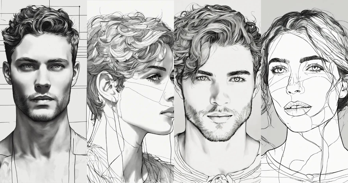 Lexica - Black and white line drawing of Morgan Waller, upper body ...