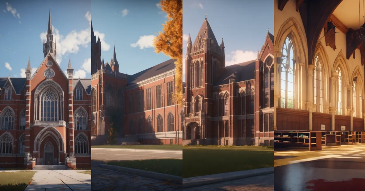 Lexica - Collegiate gothic high school building, unreal engine render, 8k