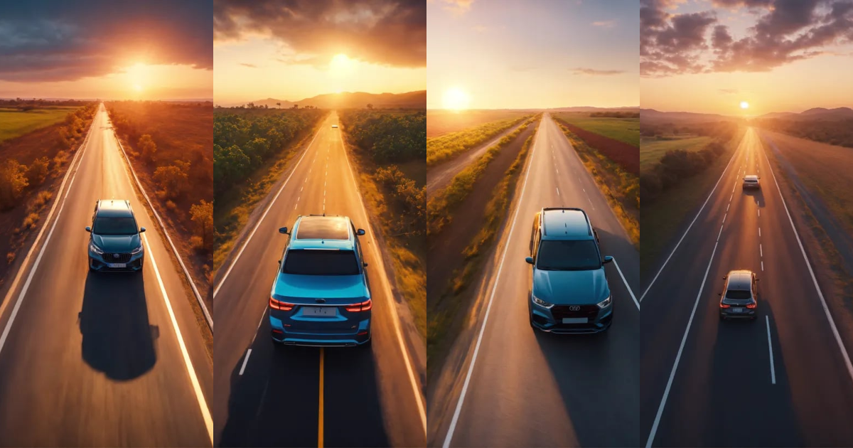 Lexica - Car driving on a long road with sunset at the end, camera ...