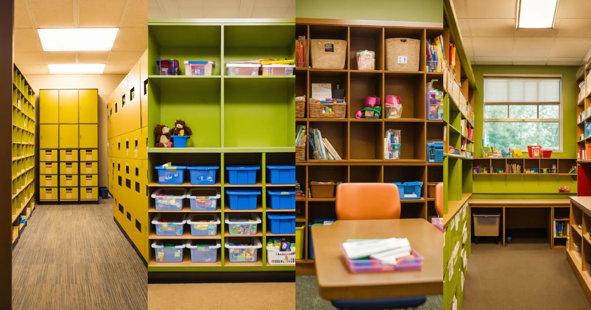 Lexica - Open cubbies side by side in a teacher work room;