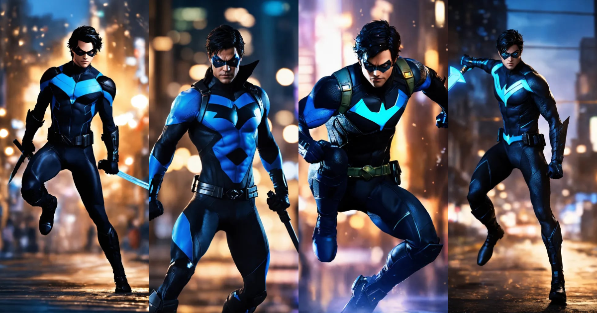 Lexica - Nightwing, holding batons, action shot, feeling of a chase ...