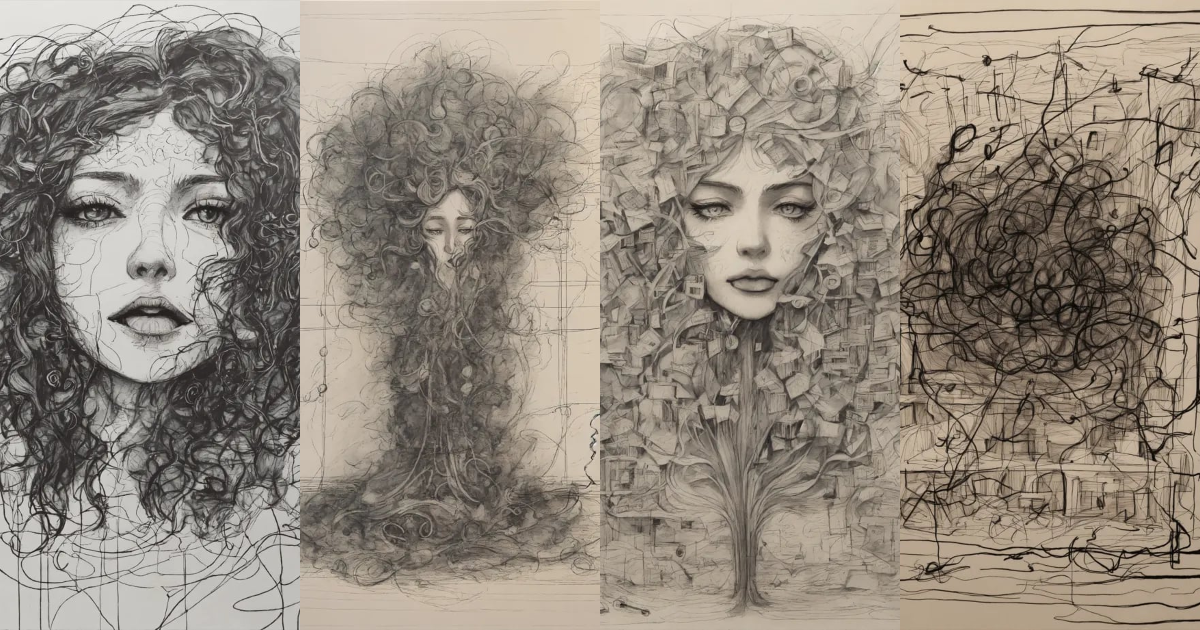 Lexica - Sketch of a the manifestation of anxiety, pen sketch, chaotic ...