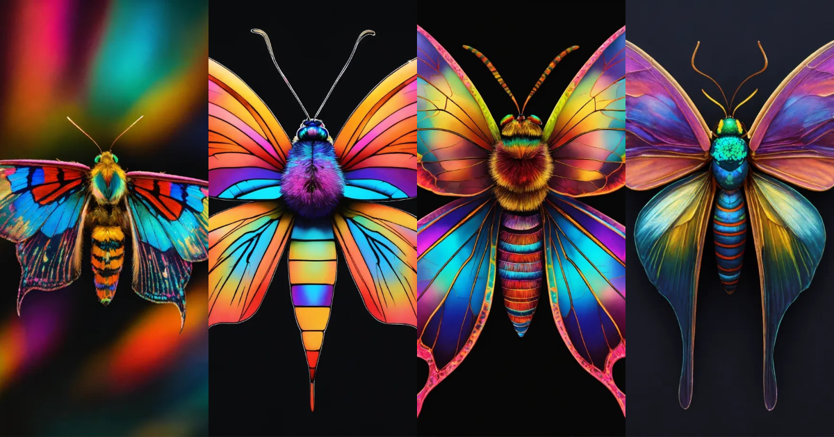 Lexica - A multicolored iridescent moth with bright colors forming a ...