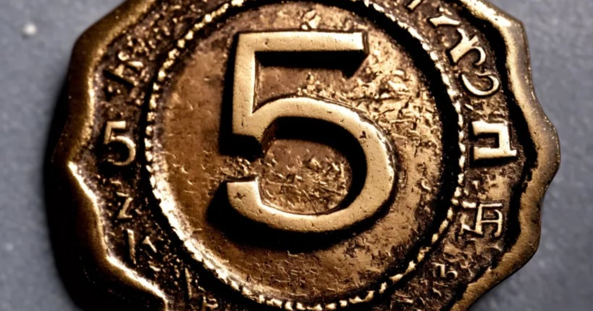 Lexica - A small hexagonal bronze coin with the number 5 stamped in the ...
