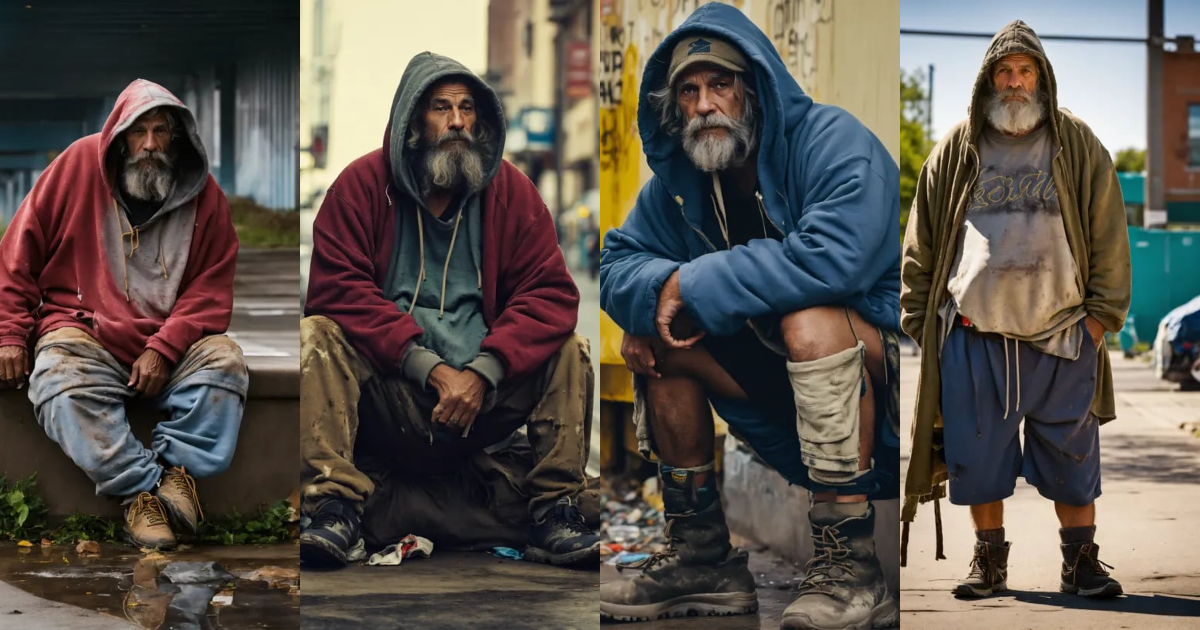 Lexica - A HUGE HOMELESS MAN WEARING DIRTY SHORTS AND A HOODIE
