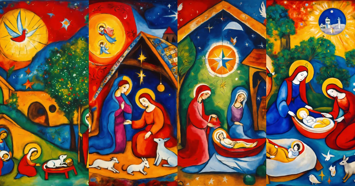 Lexica - Nativity Scene, a colorful painting in the style of Marc Chagall