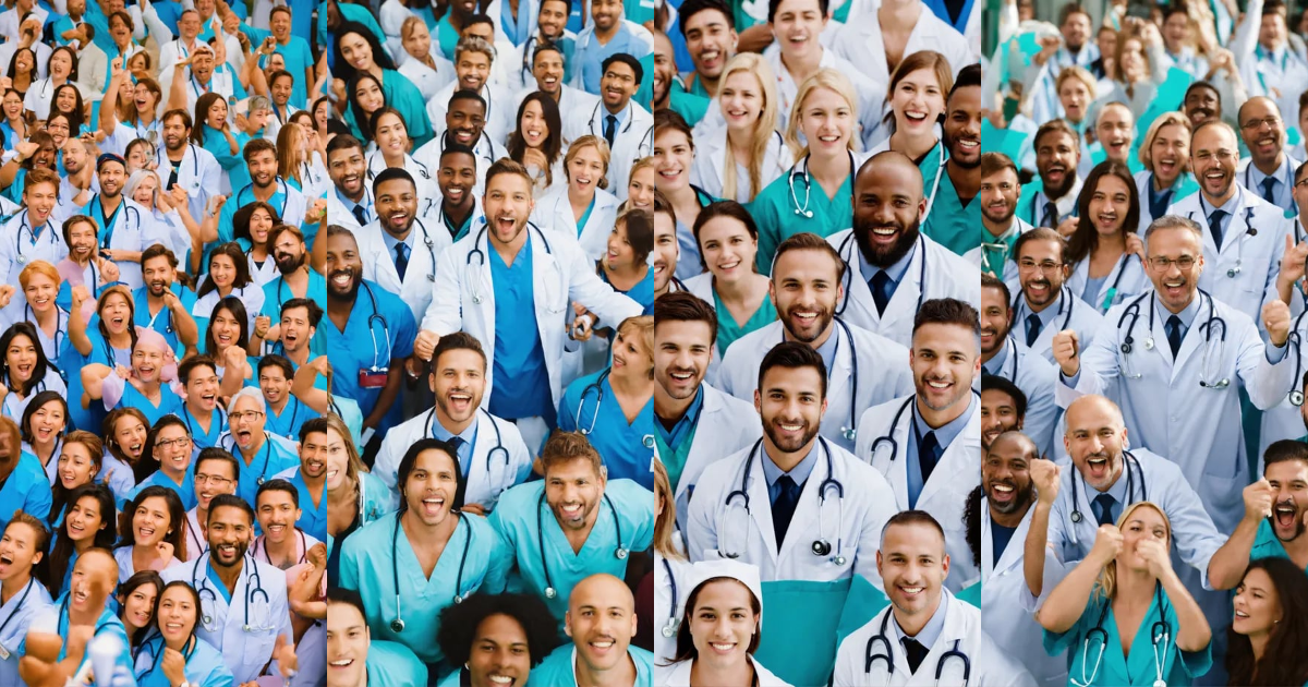 Lexica - Crowd of doctors celebrating like football player, multiple angle