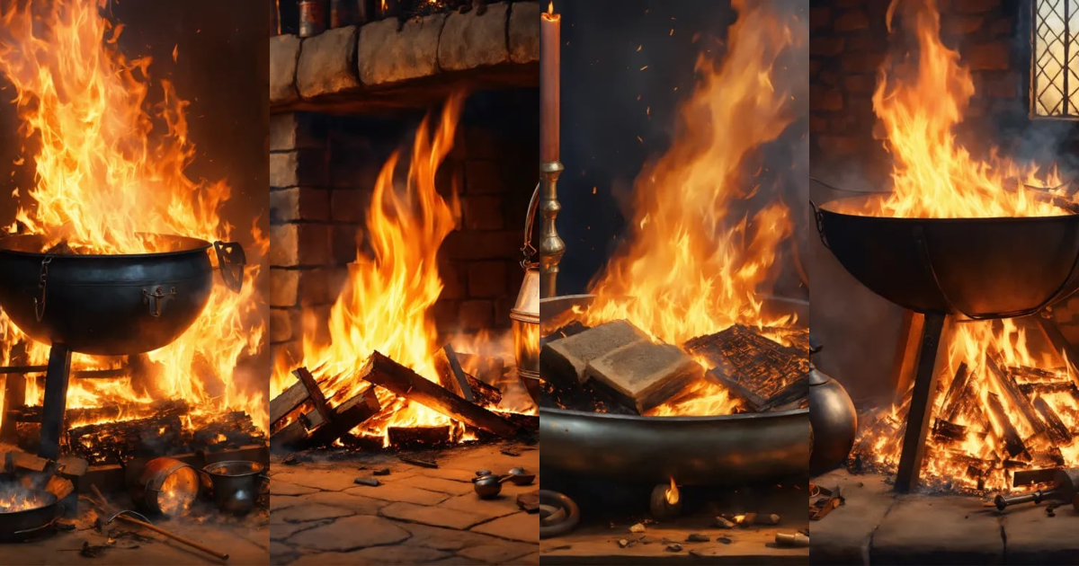 Lexica - Medieval items burning, digital painting, hyperrealistic