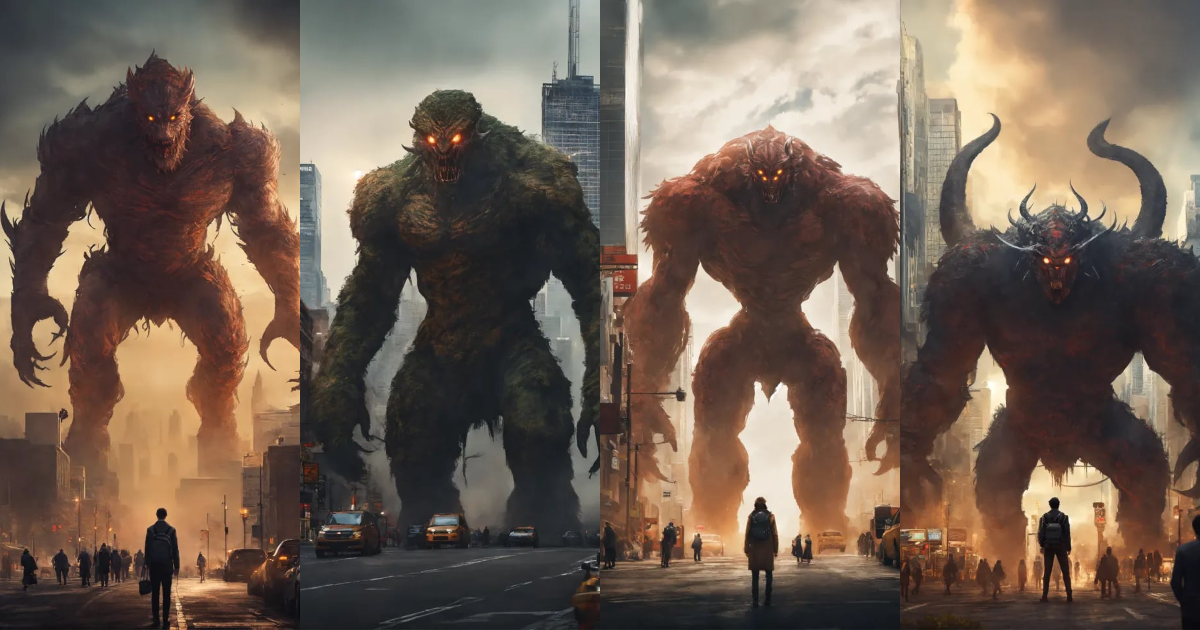 Lexica - Terrifying humanoid monster looming over busy city