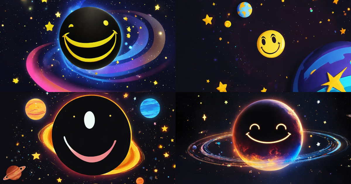 Lexica - A black background with a smiley face planet, stars around it ...