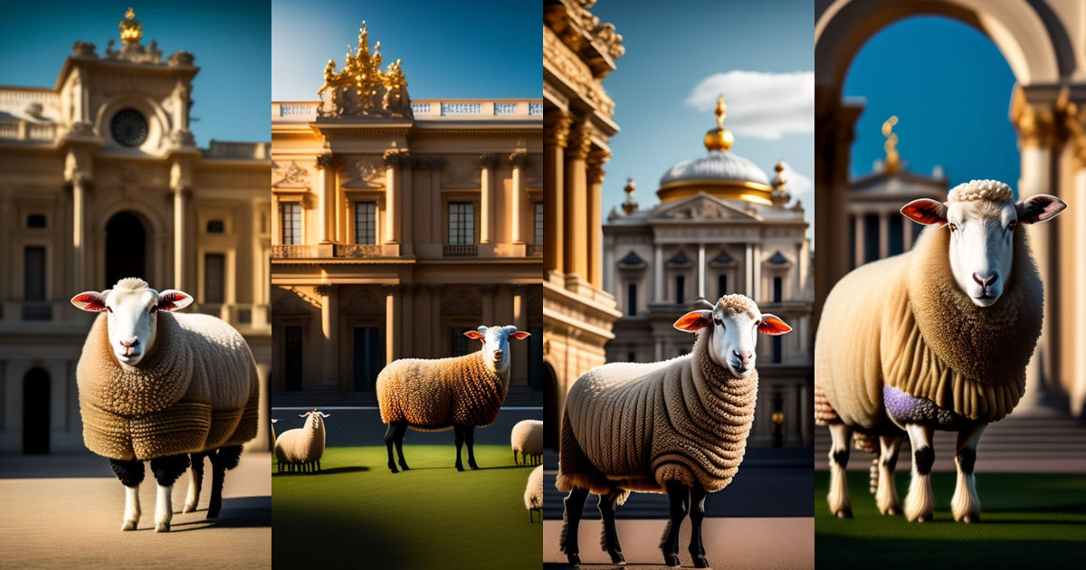 Lexica - Sheep in baroque armor in front of palace made of wool