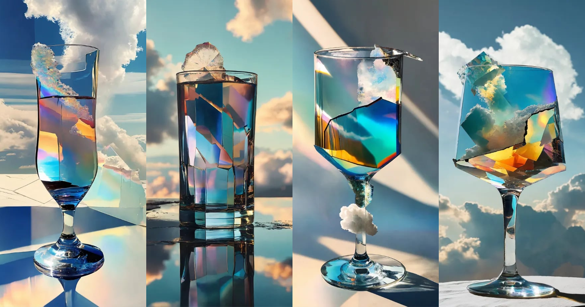 Lexica - A sunlit iridescent mocktail glass with a cloud reflected in ...