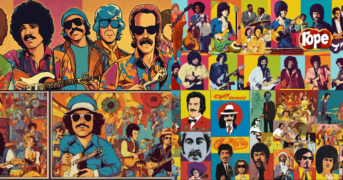 Lexica - A montage of music icons from the 60’s and 70’s in cartoon style.