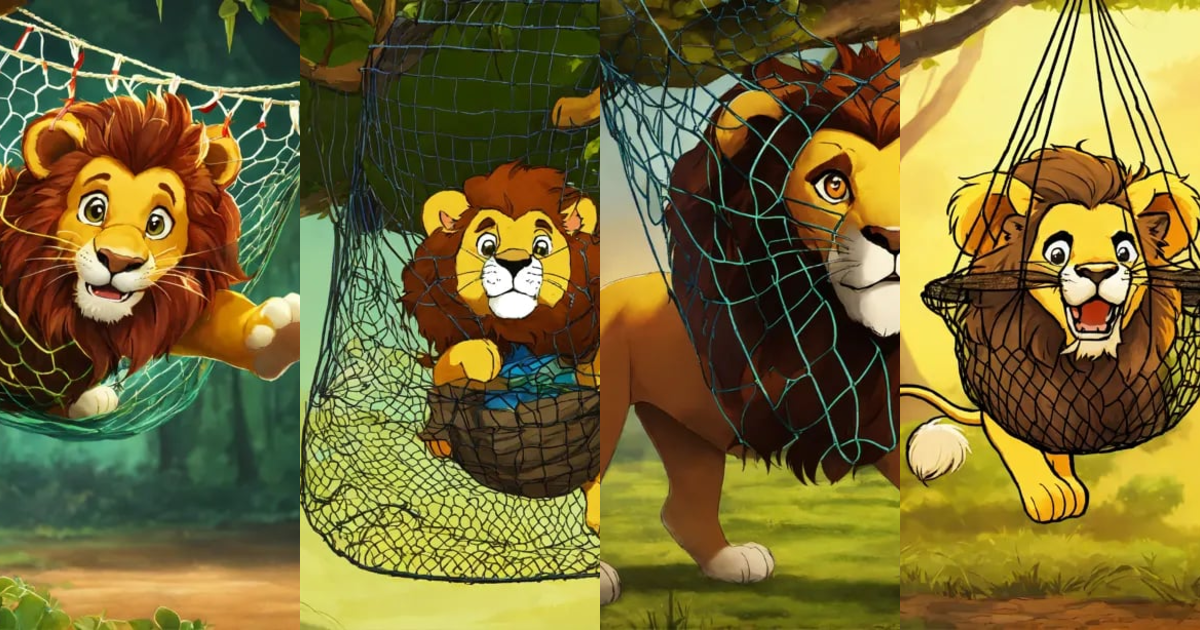 Lexica - Cartoon lion trapped in net and net hung to tree upside down