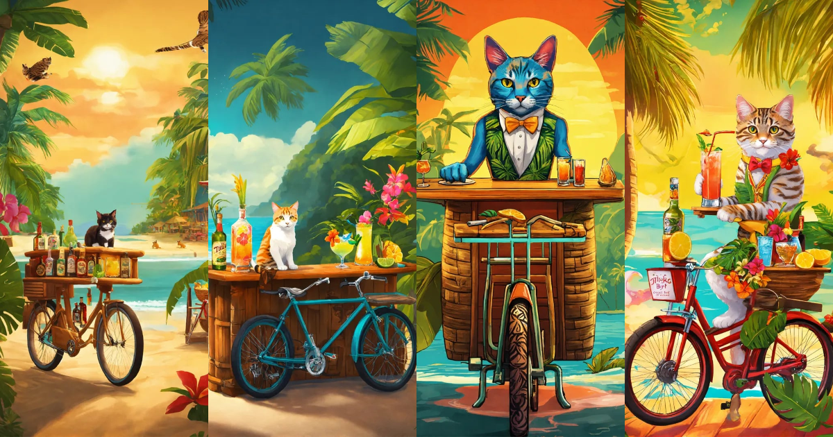 Lexica - Create an image of a cat through a tropical paradise as a tiki ...