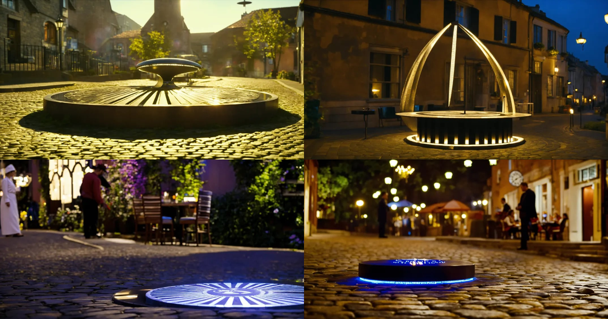 Lexica - Futuristic sundial on a cobble street, restaurant in ...