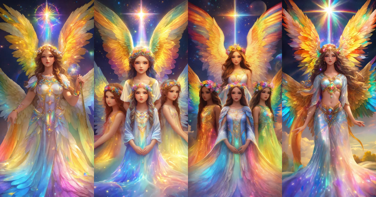 Lexica - 7 hyper-detailed holographic angels together with detailed and ...