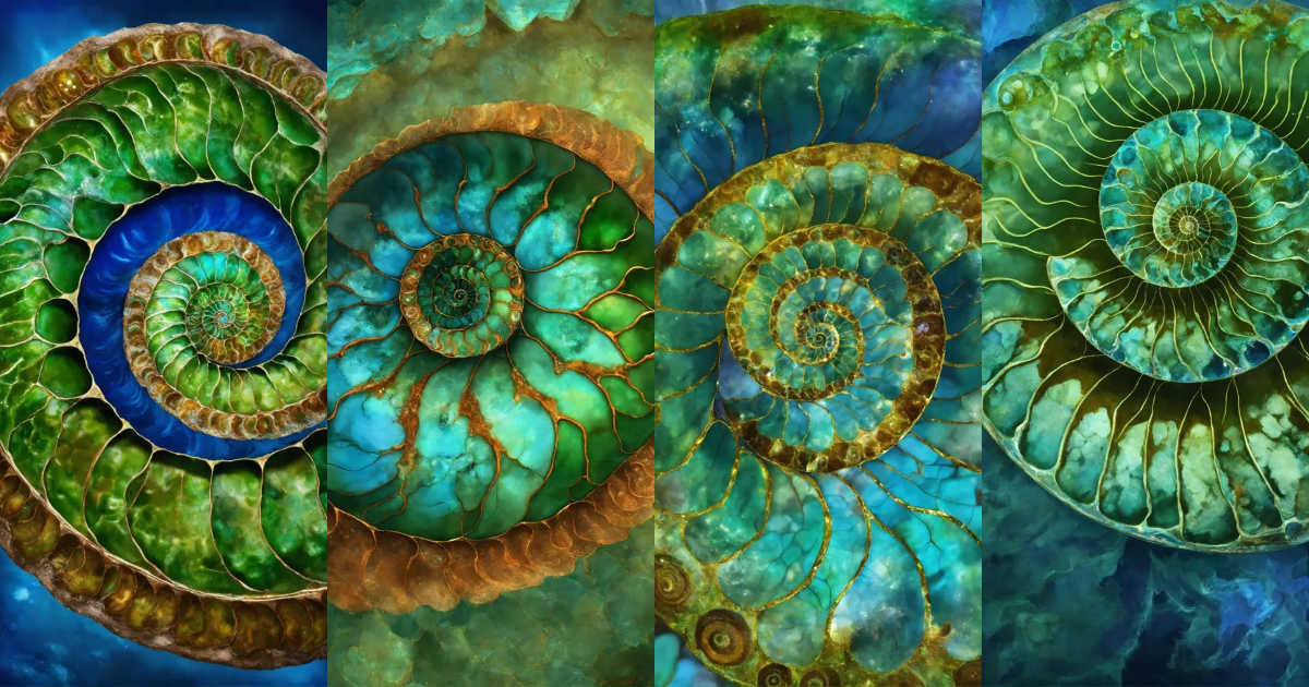 Lexica - Green and blue magical ammonite fossil, digital art