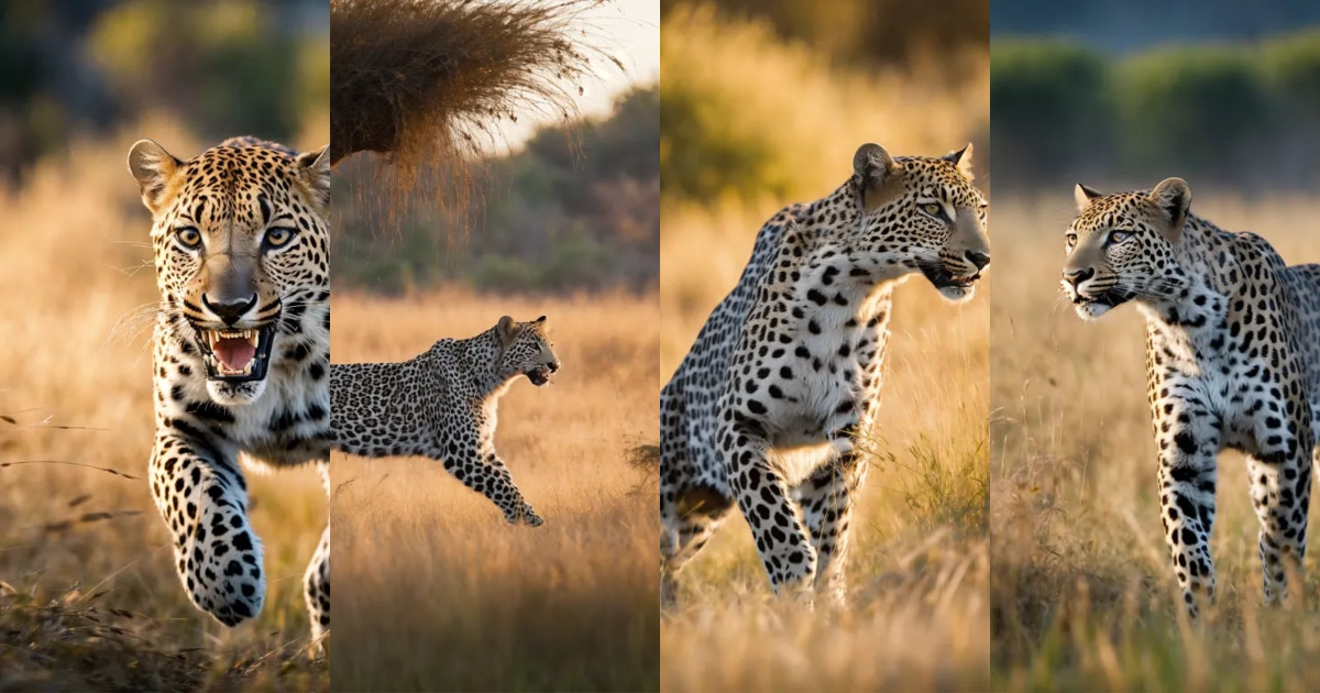 Lexica - A grey spotted leopard with long sharp canines pouncing out of ...