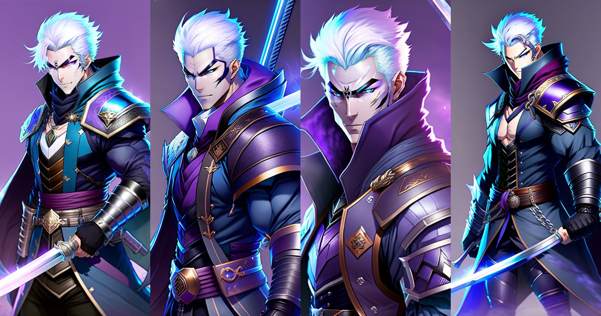 Lexica - A white-haired swordsman with bright blue eyes, wearing a ...