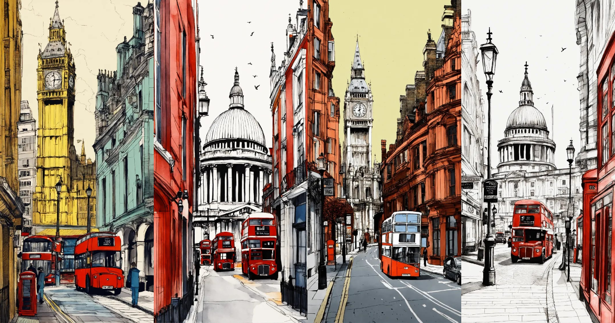 Lexica - Beautiful pen and ink sketch of London, minimalist, colored