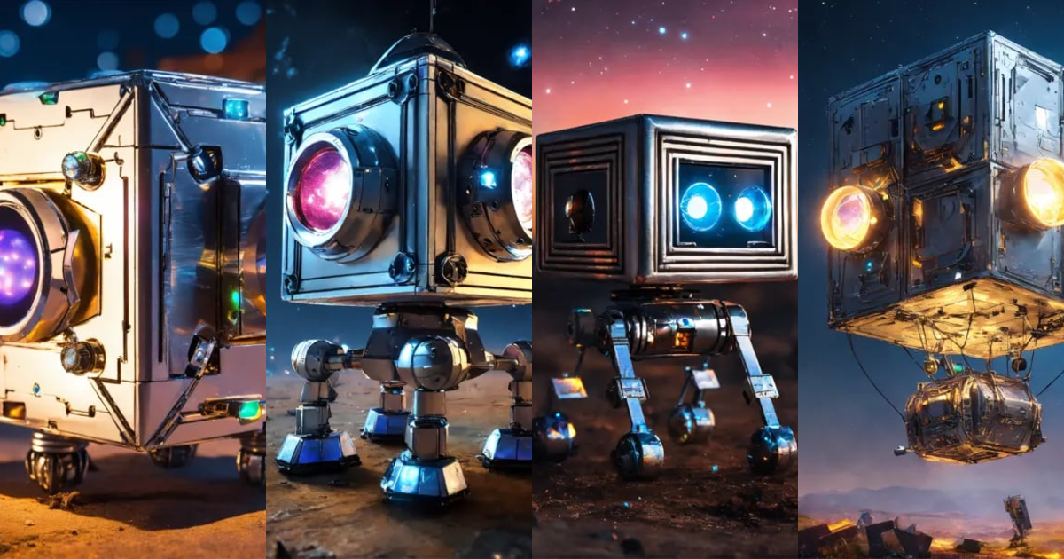 Lexica - Small flying floating polished silver cube bot with 2 round ...