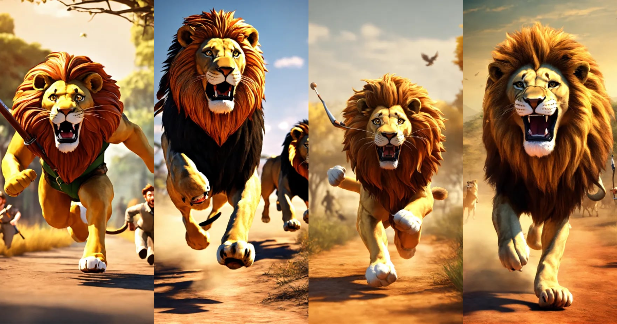 Lexica - 3d cartoon lion running after men hunters