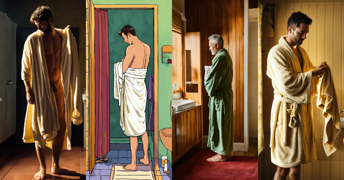 Lexica - Man pat drying himself after taking a bath, with robe on