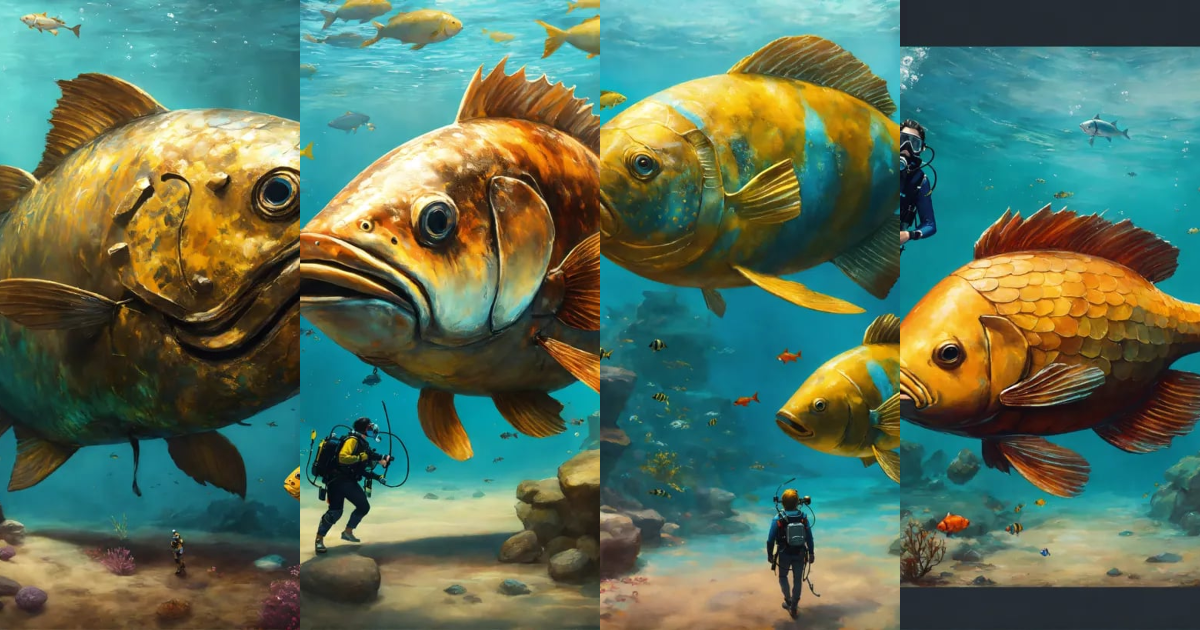 Lexica - Concept art of a big fish made out of rock next to tiny scuba ...