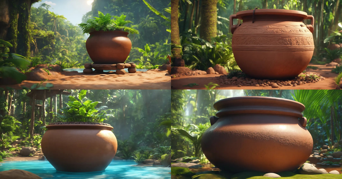 Lexica - 3d animation style big clay pot in jungle fill with water