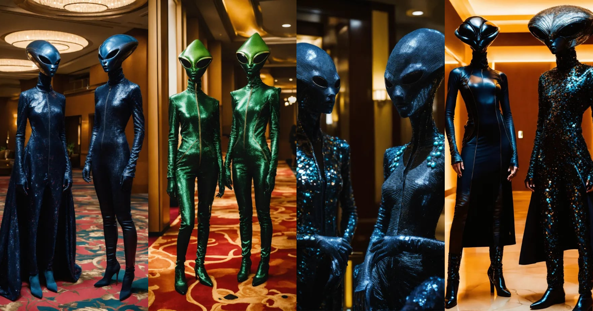 Lexica - Two human looking aliens with obsidian skin, dressed in haute ...