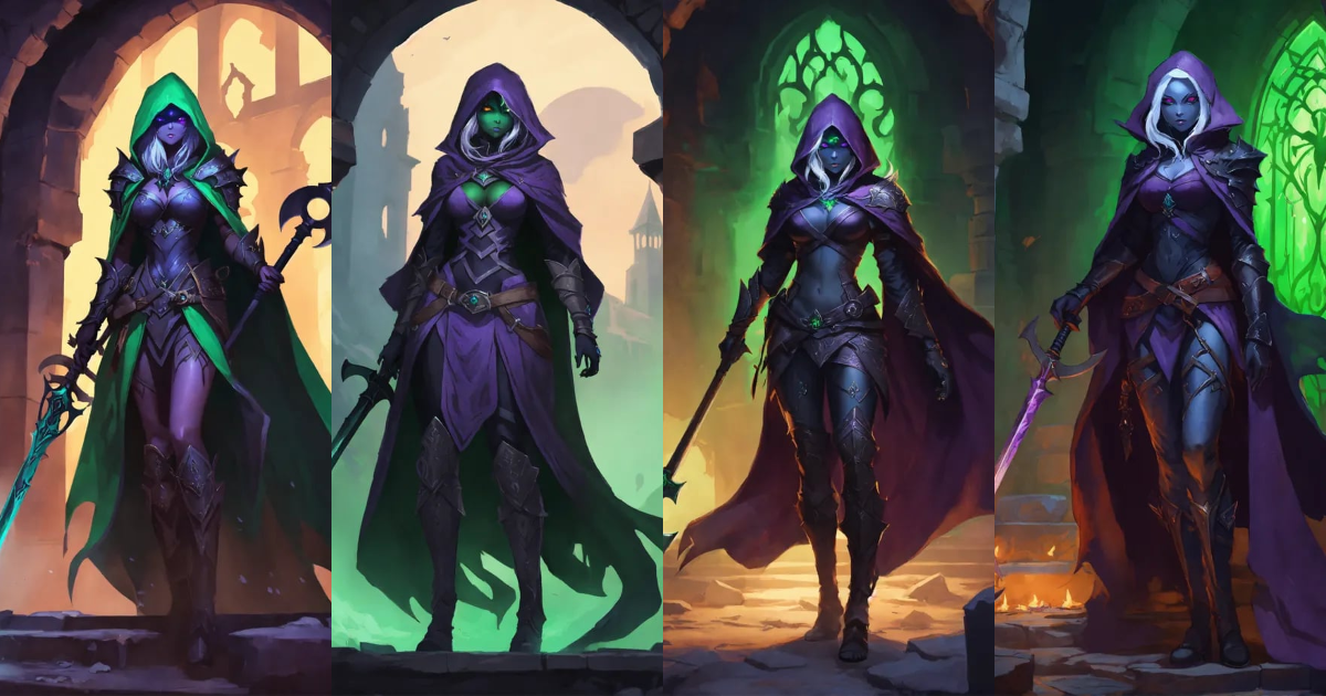 Lexica - Shadow dark female drow, green glowing eyes, with dark purple ...