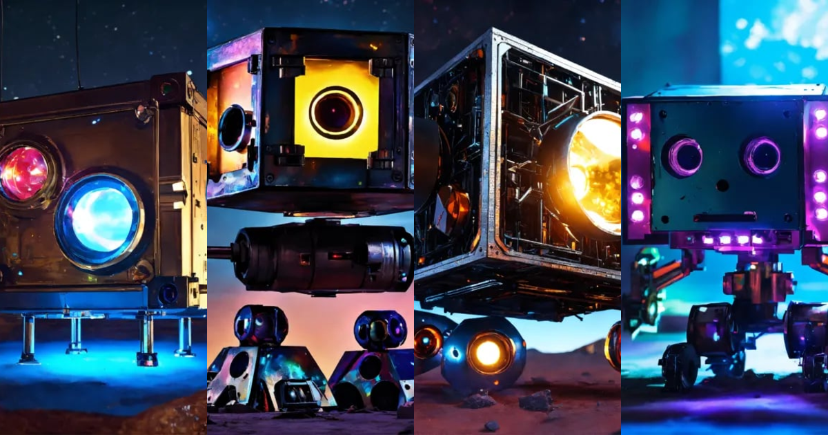Lexica - Small floating polished steel cube bot with 2 round lights on ...