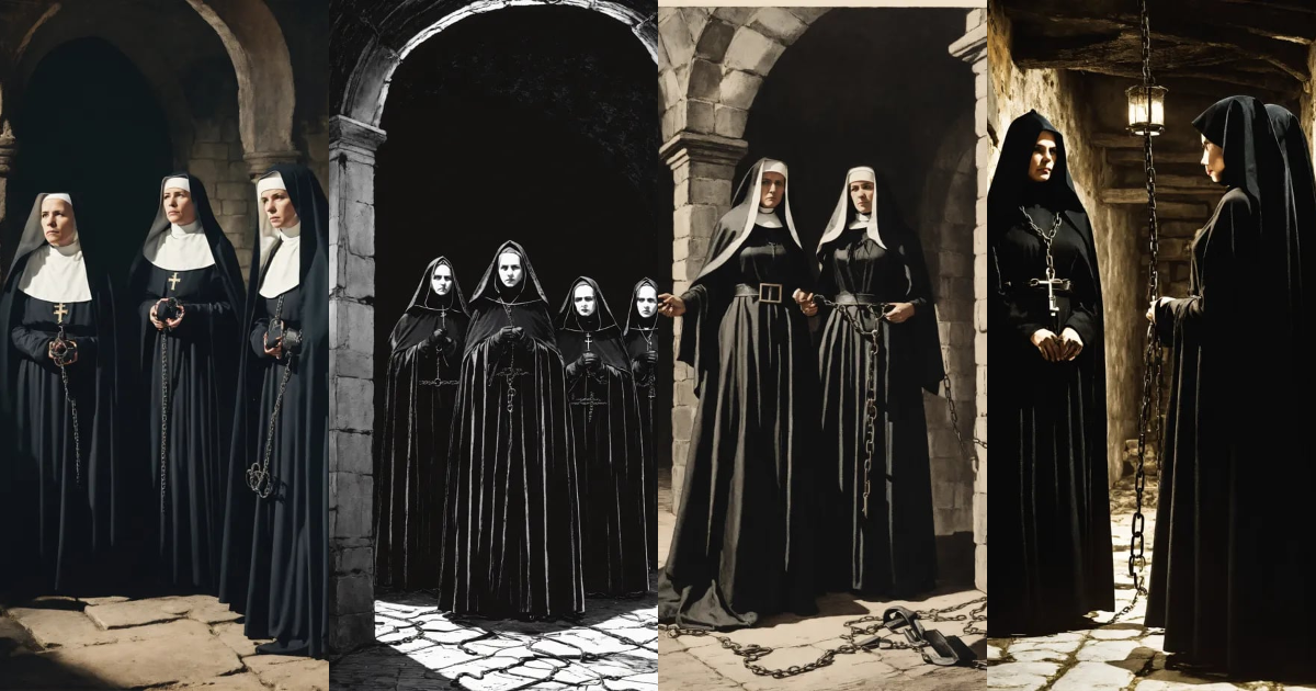 Lexica - Dark nuns , chained, in dungeon, tight cloaks, historical print